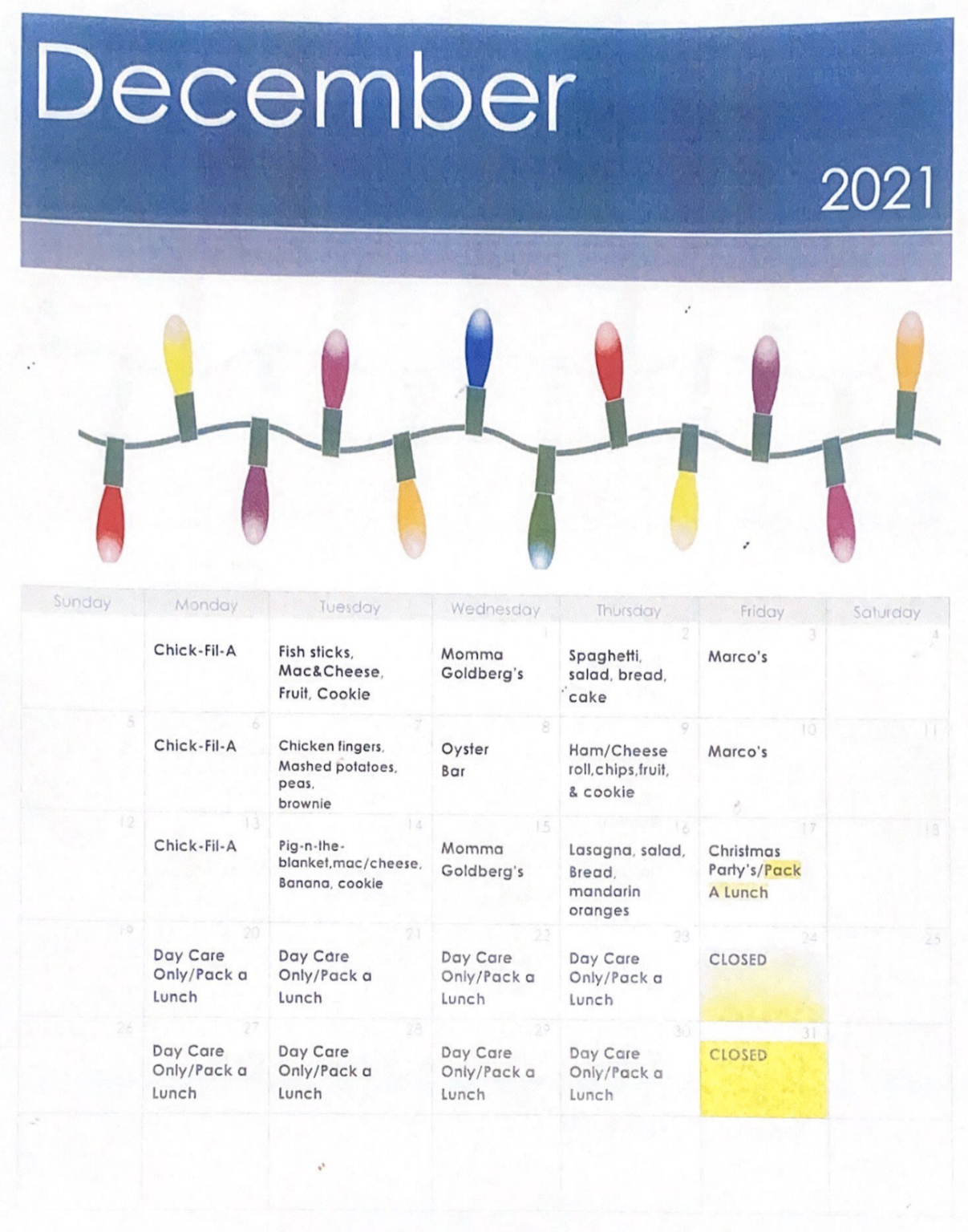 Lunch Menu : Westgate Christian School